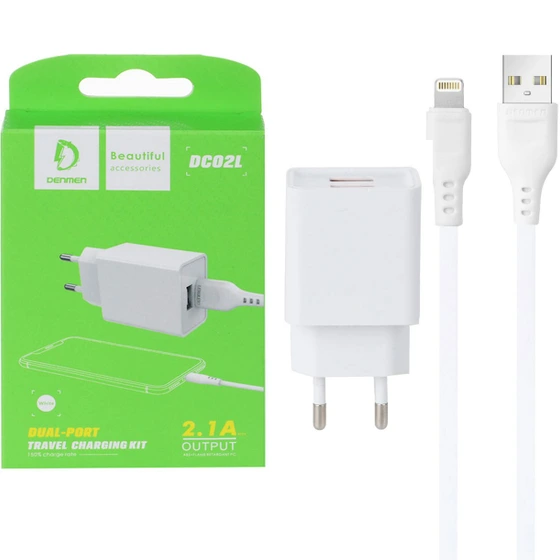 خرید و قیمت شارژر دیواری 10W دو پورت DENMEN مدل DC02L به همراه کابل شارژ آیفون | ترب