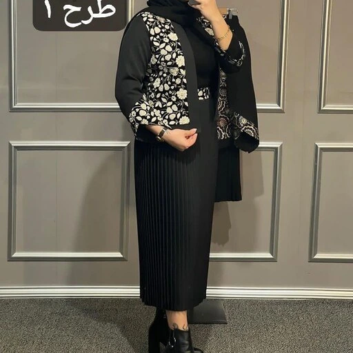 خرید و قیمت کت و دامن صبا پلیسه جنس مازراتی جلوی کت سوزن دوزی فری سایز