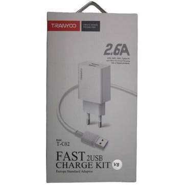 خرید و قیمت شارژر دیواری فست دو پورت TRANYOO مدل T-C02 به همراه کابل شارژ اندروید سفید | ترب
