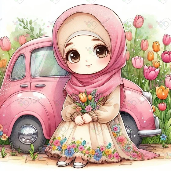 خرید و قیمت بک گراند کودکانه دختر زیبای محجبه با لباس گل گلی کنار ماشین