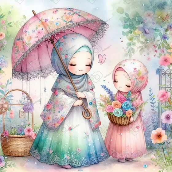 خرید و قیمت بک گراند کودکانه مادر و دختر ناز و محجبه وسط باغ گل کد