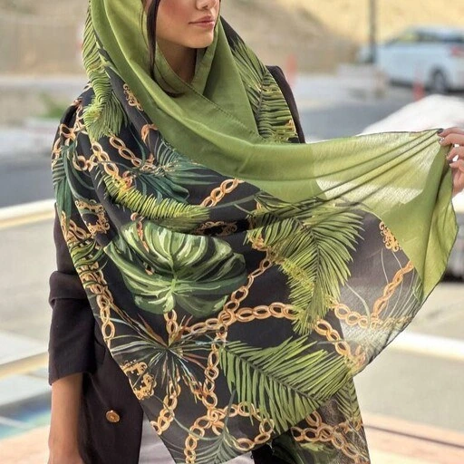 خرید و قیمت شال رنگ سبز طرح برگ انجیری زیبا و شیک جنس نخی اصلا لیز نیست ...