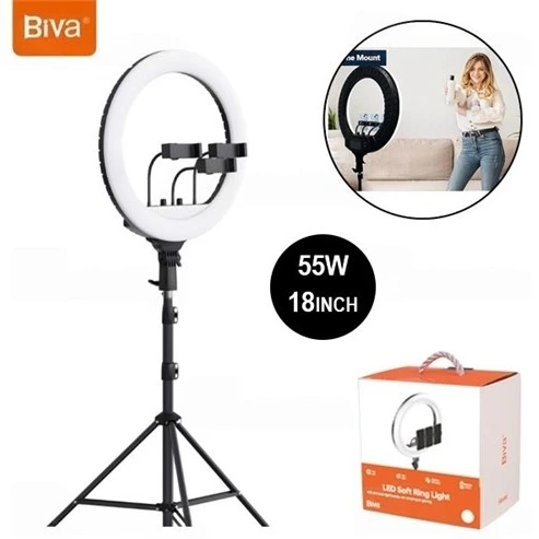 خرید و قیمت رینگ لایت بیوا Biva RL-02 55W LED Soft Ring Light سایز 18 اینچ با سه پایه و 3 هولدر ...