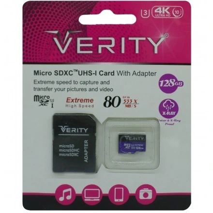 خرید و قیمت کارت حافظه VERITY 128G U3 کلاس 10 سرعت 80MB/s همراه با آداپتور | ترب