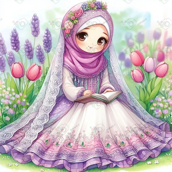 خرید و قیمت بک گراند کودکانه دختر ناز با حجاب با لباس یاسی ک کتاب در