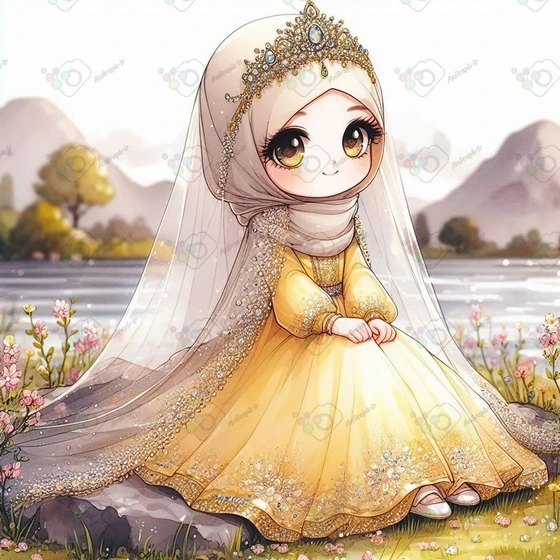 خرید و قیمت بک گراند کودکانه دختر محجبه زیبا با لباس زرد و شال تور دار
