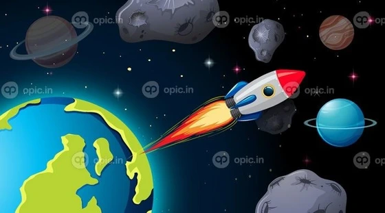 خرید و قیمت دانلود وکتور سفینه فضایی در صحنه فضایی با سیارات و سیارک ها
