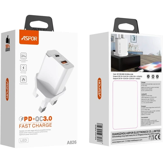 خرید و قیمت شارژر فست هوشمند aspor مدل A826 دوپورت تایپ سی پ USB | ترب
