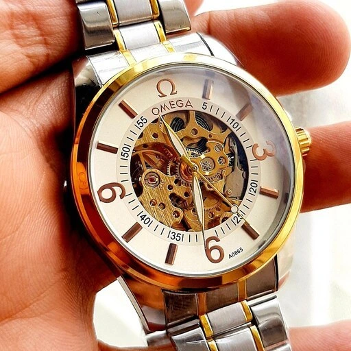 خرید و قیمت ساعت امگا OMEGA اتوماتیک موتور قلب باز بند دورنگ صفحه سفید ...