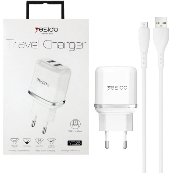 خرید و قیمت شارژر دیواری دو پورت یسیدو مدل YC26 به همراه کابل تبدیل micro USB | ترب
