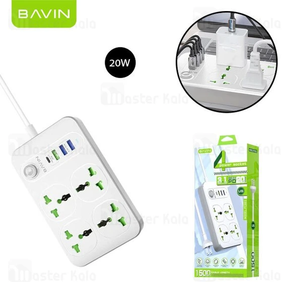 خرید و قیمت چند راهی برق باوین مدل BAVIN PC-803 دارای 4 پورت USB | ترب