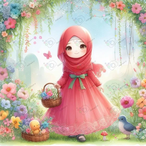 خرید و قیمت بک گراند کودکانه دختر ناز محجبه با پیراهن و شال قرمز در باغ