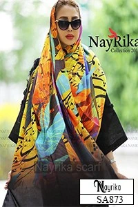 خرید و قیمت شال نخی مشکی با طرح های رنگی و نوشته نستعلیق کد SA873 | ترب