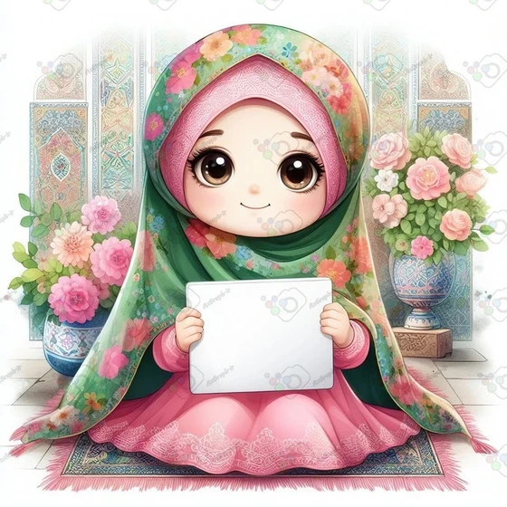 خرید و قیمت بک گراند کودکانه دختر ناز محجبه با روسری گل گلی و صفحه سپید