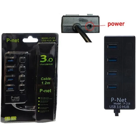 خرید و قیمت هاب چهار پورت کلید دار USB3.0 پی نت مدل PNET-P225(قابلیت اتصال آداپتور) | ترب