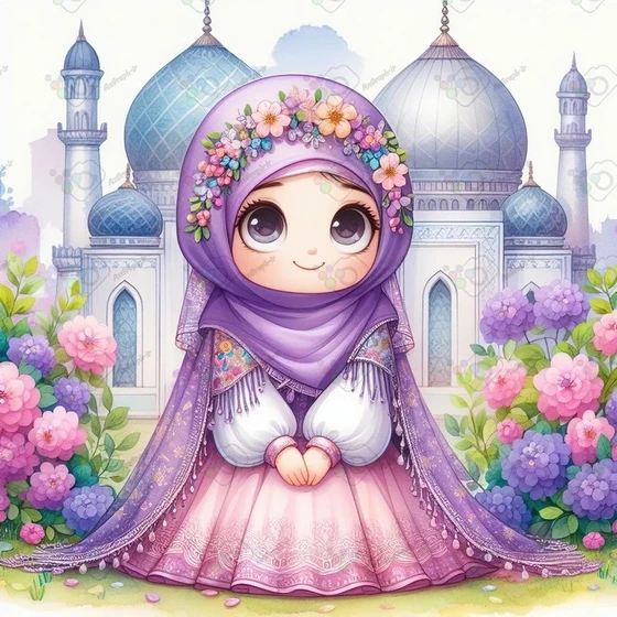 خرید و قیمت بک گراند کودکانه دختر زیبای محجبه با لباس صورتی و بنفش