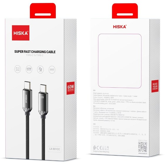 خرید و قیمت کابل شارژ دو سر Type-C هیسکا HISKA LX801 طول 1 متر | شارژ سریع 60 واتی و دوام بالا | ترب