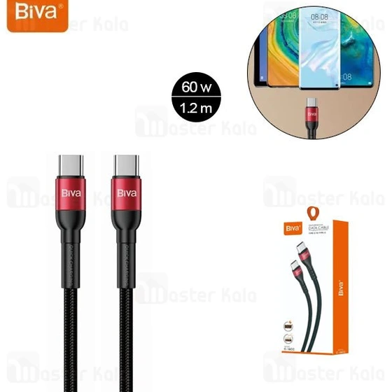 خرید و قیمت کابل Type C به Type C بیوا Biva C-16CC طول 1.2 متر توان 60 وات - مشکی - قرمز | ترب