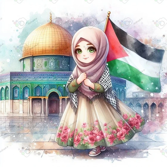 خرید و قیمت بک گراند کودکانه دختر ناز با حجاب با چفیه و پرچم فلسطین در