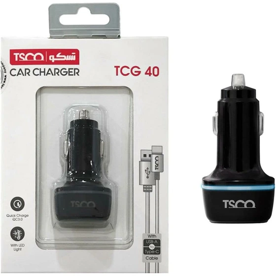 خرید و قیمت شارژر فندکی 30W فست دو پورت TSCO مدل TCG 40 به همراه کابل شارژ Type-C - مشکی | ترب