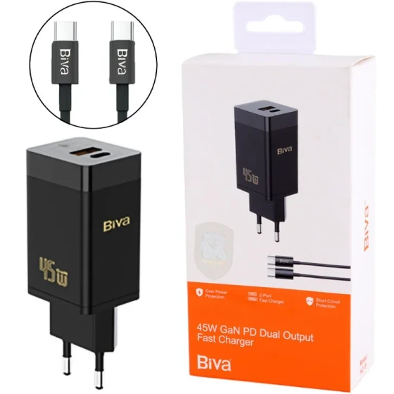 خرید و قیمت شارژر دیواری بیوا Biva HC-15 GaN توان 45 وات به همراه کابل | ترب