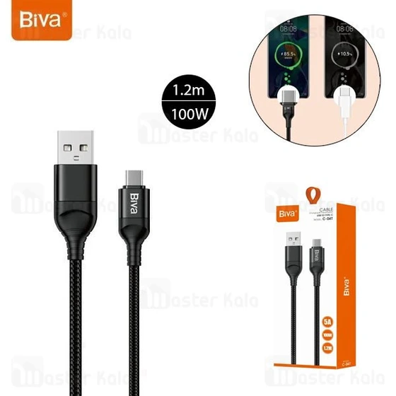 خرید و قیمت کابل Type C بیوا Biva C-04T طول 1.2 متر شدت توان 100 وات - مشکی | ترب