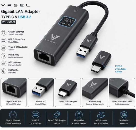خرید و قیمت تبدیل USB 3.2 و TYPE-C به LAN گیگ واصل VASEL مدل VSL-LC320 ...