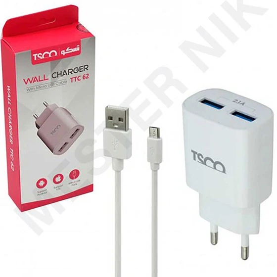 خرید و قیمت شارژر دیواری TSCO مدل TTC 62 به همراه کابل تبدیل MicroUSB | ترب