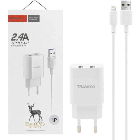 خرید و قیمت شارژر دیواری 12W فست دو پورت TRANYOO مدل V16 به همراه کابل شارژ آیفون - سفید | ترب