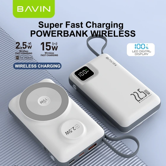 خرید و قیمت پاوربانک وایرلس 10000 مگنتی باوین Bavin PC1078S توان 22.5 وات با قابلیت شارژ اپل واچ ...