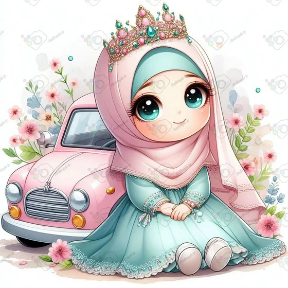 خرید و قیمت بک گراند کودکانه دختر زیبای محجبه با شال صورتی تاج جواهر