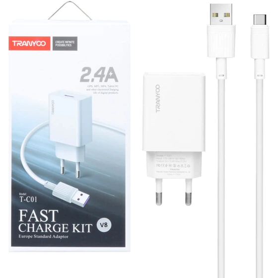 خرید و قیمت شارژر دیواری 12W فست تک پورت TRANYOO مدل T-C01 به همراه کابل شارژ Type-C - سفید | ترب