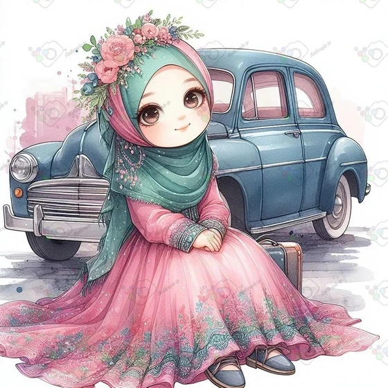 خرید و قیمت بک گراند کودکانه دختر زیبای محجبه با لباس صورتی و سبز و
