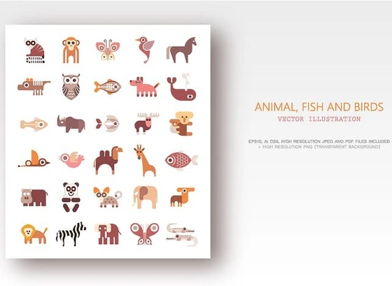 خرید و قیمت طرح لایه باز ست آیکون حیوانات و پرندگان Animals, Fish and ...
