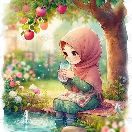 خرید و قیمت بک گراند کودکانه دختر کوچولوی ناز با حجاب نشسته زیر درخت