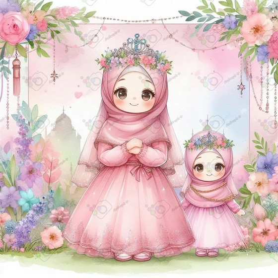 خرید و قیمت بک گراند کودکانه دختر ناز و مامانش با حجاب و لباس بلند