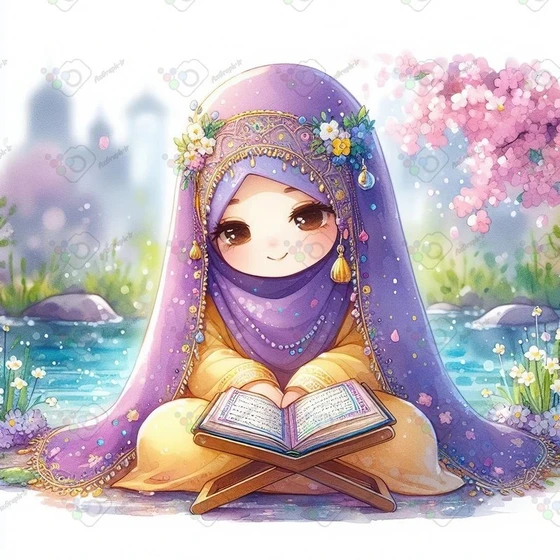 خرید و قیمت بک گراند کودکانه دختر ناز و با حجاب کنار دریاچه در حال خواندن قرآن کد 41195ویژه عکس