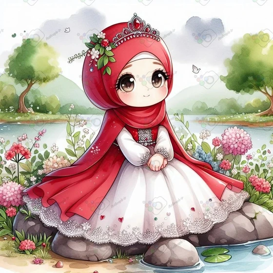 خرید و قیمت بک گراند کودکانه دختر ناز محجبه روی تخت سنگ با لباس زیبای