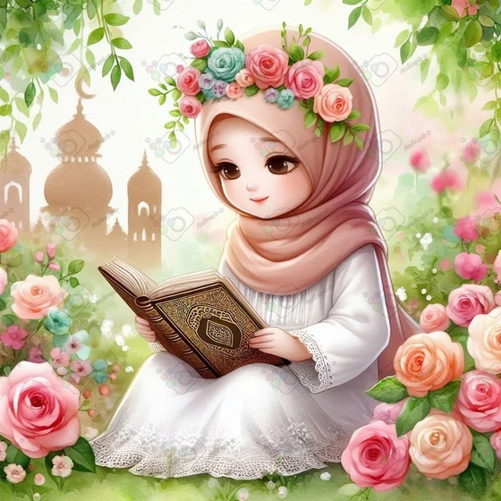 خرید و قیمت بک گراند کودکانه دختر ناز محجبه با تاج گل و پیراهن سپید