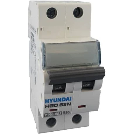 خرید و قیمت کلید مینیاتوری دو پل 50 آمپر تیپ B و C ظرفیت قطع 6KA هیوندای الکتریک مدل HGD63N | ترب