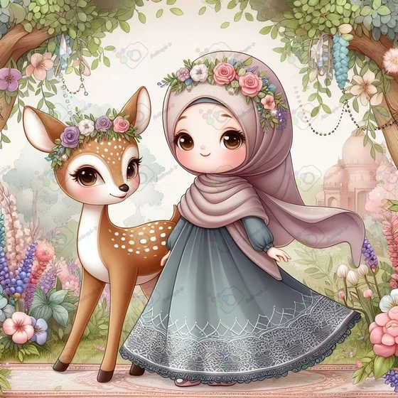خرید و قیمت بک گراند کودکانه دختر ناز با حجاب و آهوی زیبا کد 41113 ویژه