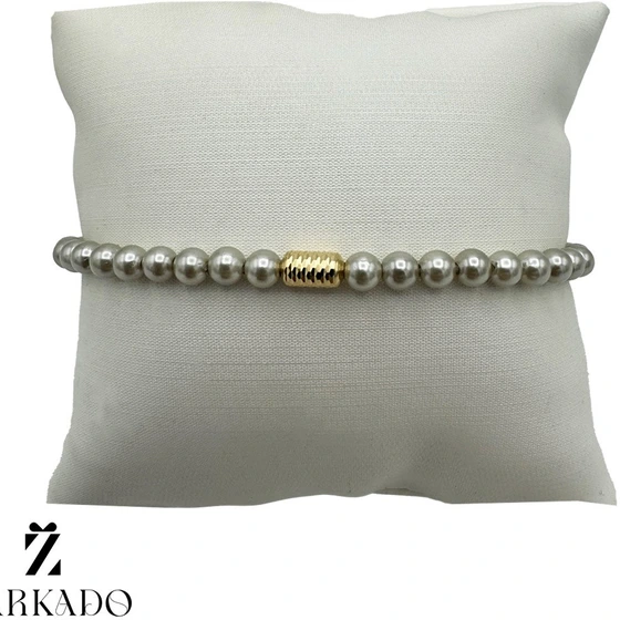 خرید و قیمت دستبند مرواریدی طوسی با گوی طلا کپسولی نقطه ای کد B3411 | ترب