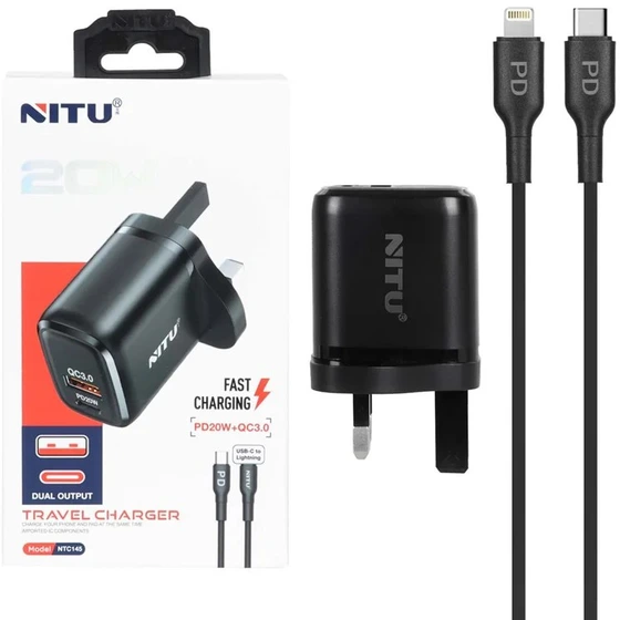 خرید و قیمت شارژر دیواری فست و PD دو پورت Nitu مدل NTC145 20W همراه با کابل Type-C To Lightning ...