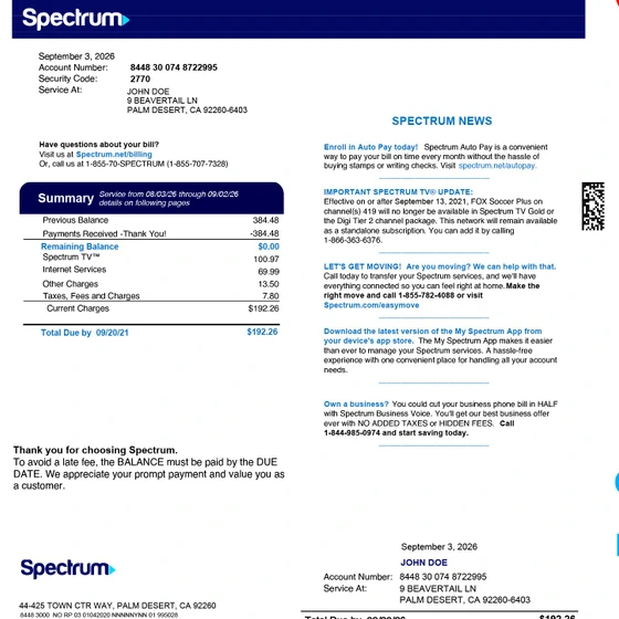 خرید و قیمت دانلود قبض آمریکا Spectrum Bill لایه باز | ترب