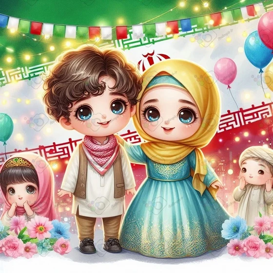 خرید و قیمت بک گراند کودکانه دختر ناز با حجاب و پسر ایرانی در جشن ملی