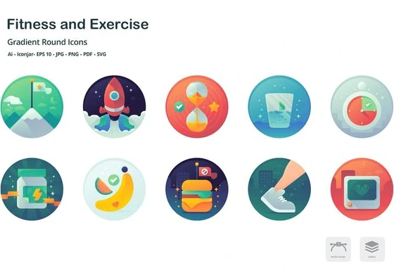 خرید و قیمت طرح لایه باز ست آیکون فیتنس Health and Fitness Gradient Round Icons | ترب