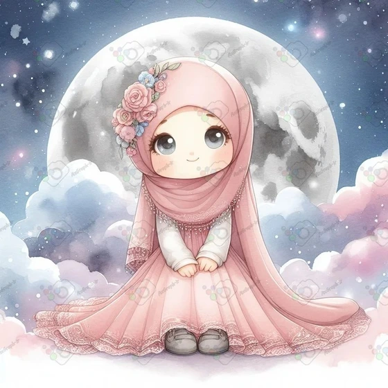 خرید و قیمت بک گراند کودکانه ماه و دختر ناز محجبه پیراهن صورتی روی