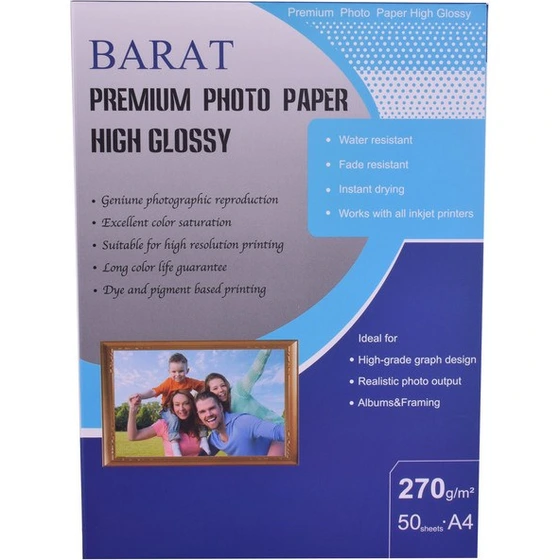خرید و قیمت کاغذ چاپ عکس فتوگلاسه بارات مدل پرمیوم 270G RC سایز A4 بسته 50 عددی | ترب
