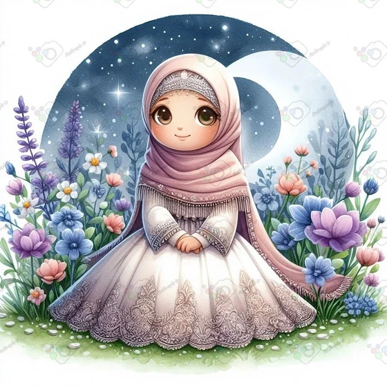 خرید و قیمت بک گراند کودکانه دختر ناز محجبه با لباس بلند در باغ گل زیر